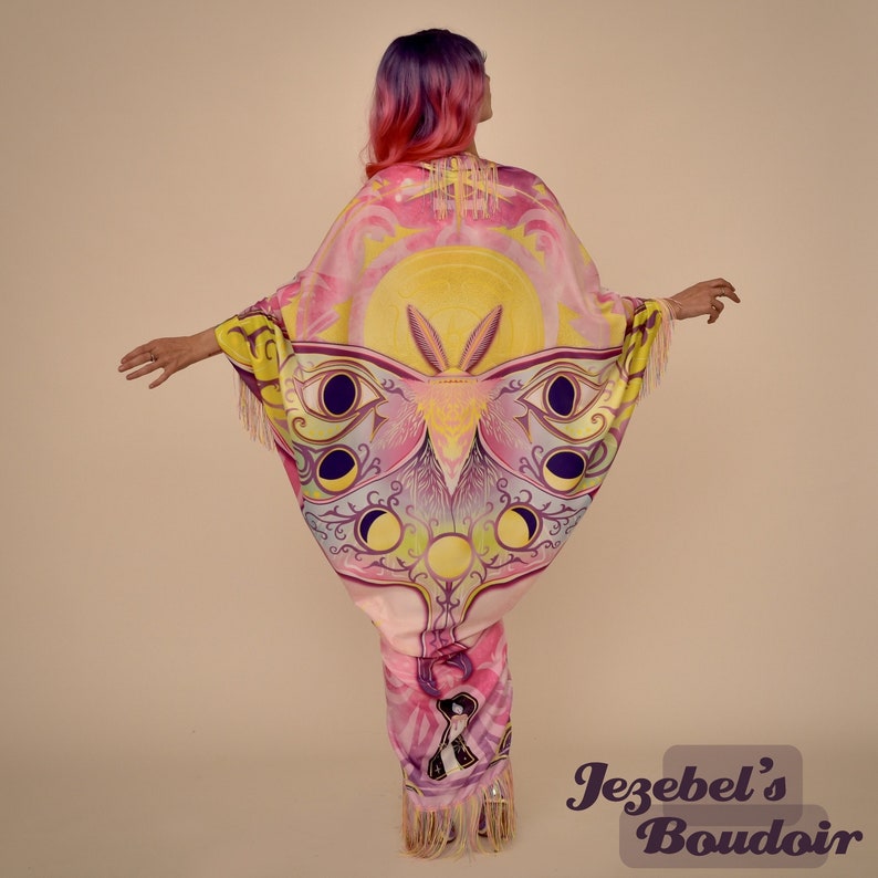 Neon Luna Moth Duster Gown, UV Glow Rave Dressing Robe, Fringe Flowing ...