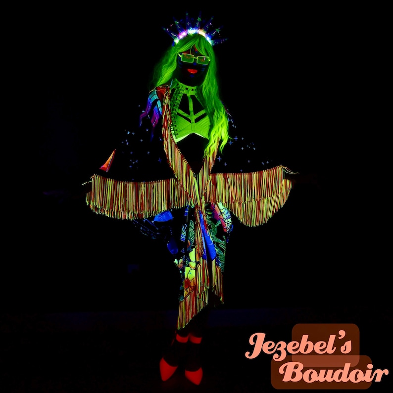 Neon Luna Moth Duster Gown, UV Glow Rave Dressing Robe, Fringe Flowing ...