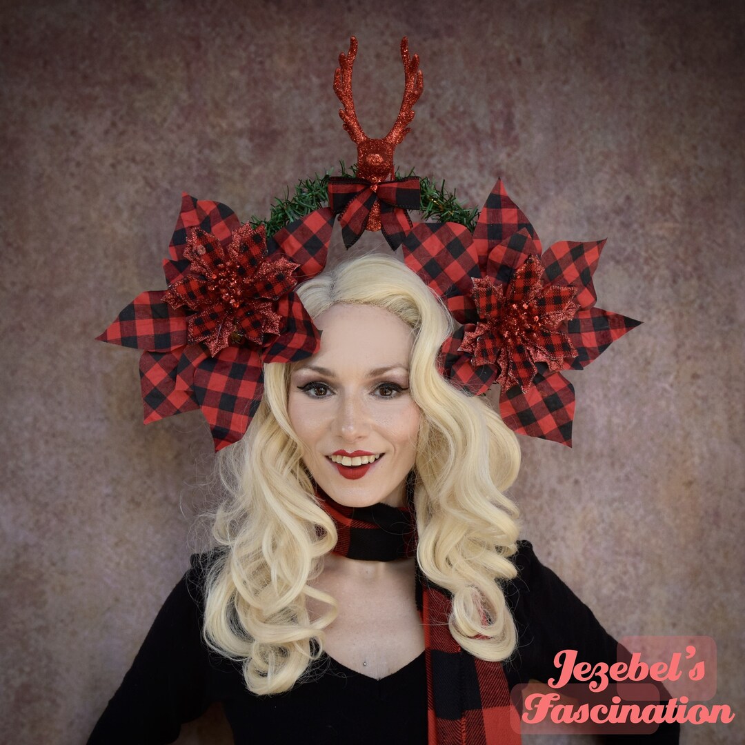 Deer Buffalo Plaid Christmas Headband, Yule Elk Camp Wreath Headpiece ...