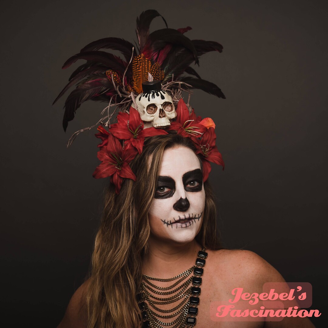 Voodoo Red Skull Tiki Headpiece, Tropical Juju Magic Priestess Feather ...