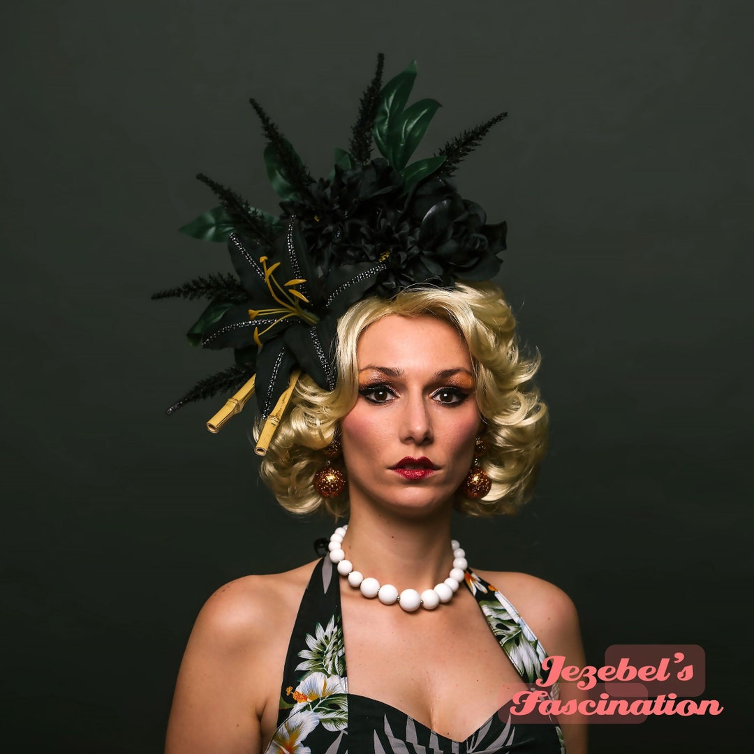 Gothic Tropical Tiki Floral Fascinator, Black Lily Dahlia Bamboo Hair ...