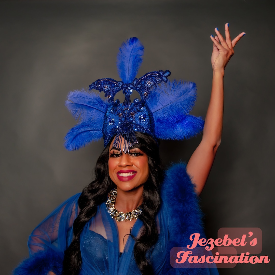 Blue Beaded Burlesque Headdress Festival Carnevale Feather Majestic ...
