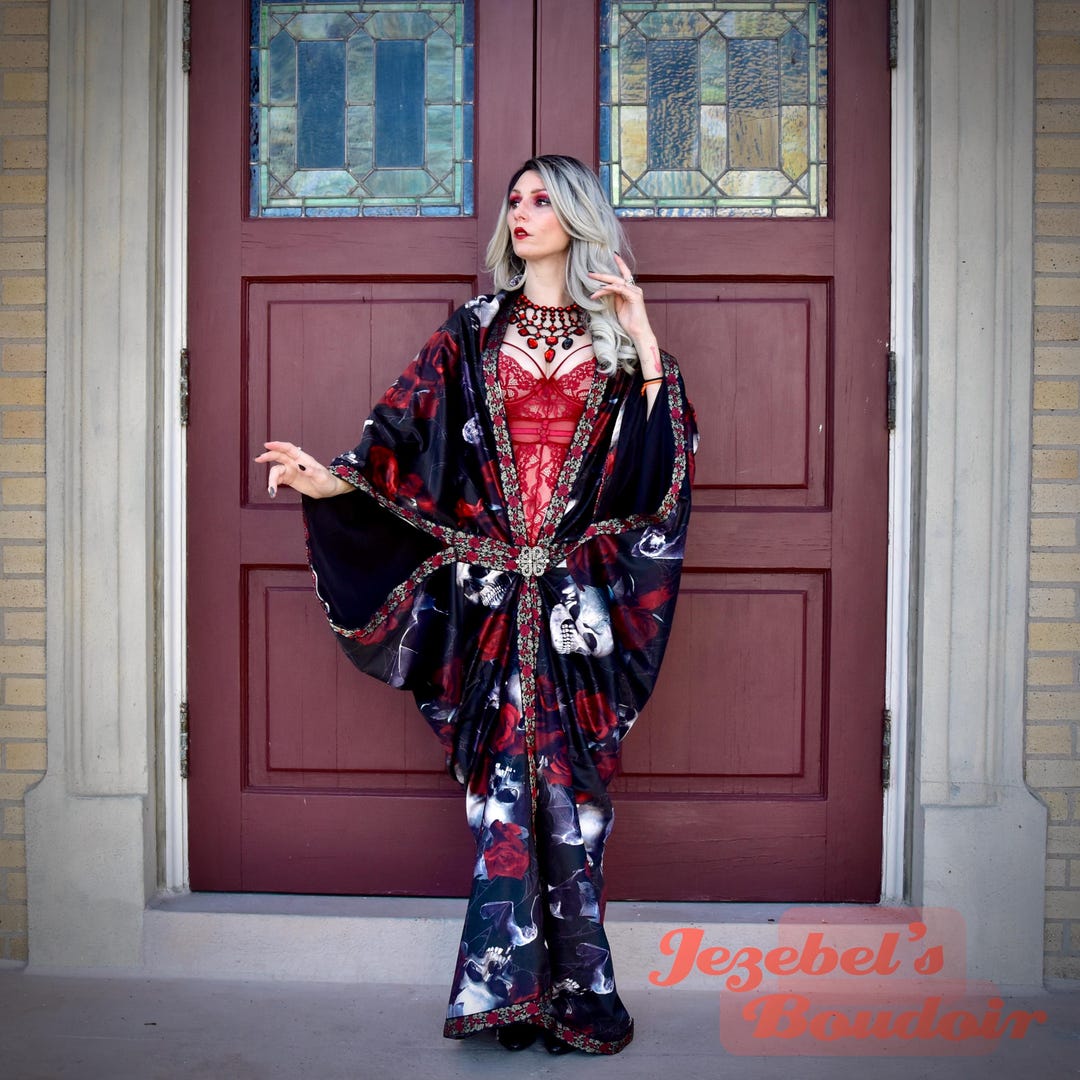Velvet Rose Bat Wing Gown, Skull Gothic Romantic Cocoon Dressing Robe ...