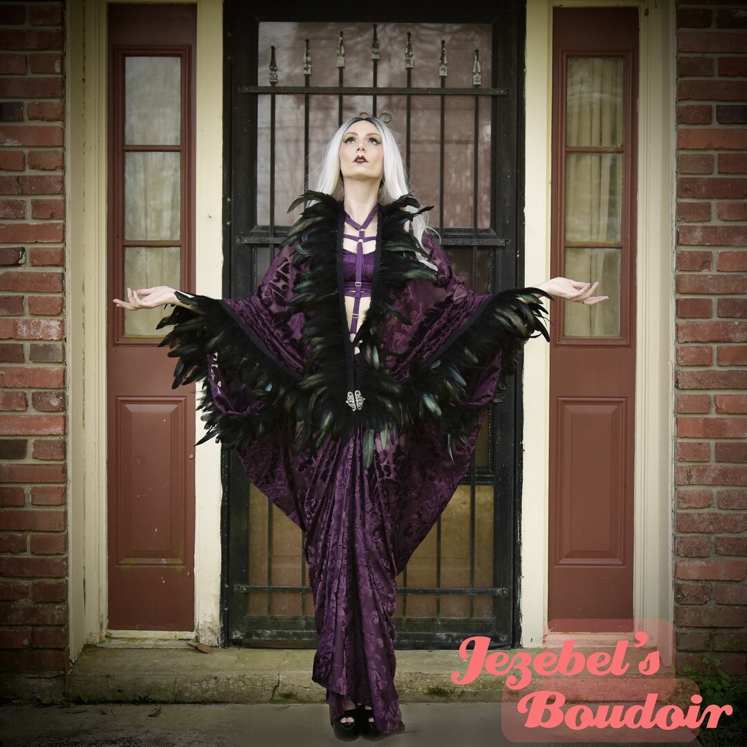 Velvet Burn Out Feather Fringe Nouveau Bat Wing Witch Gown, Gothic ...