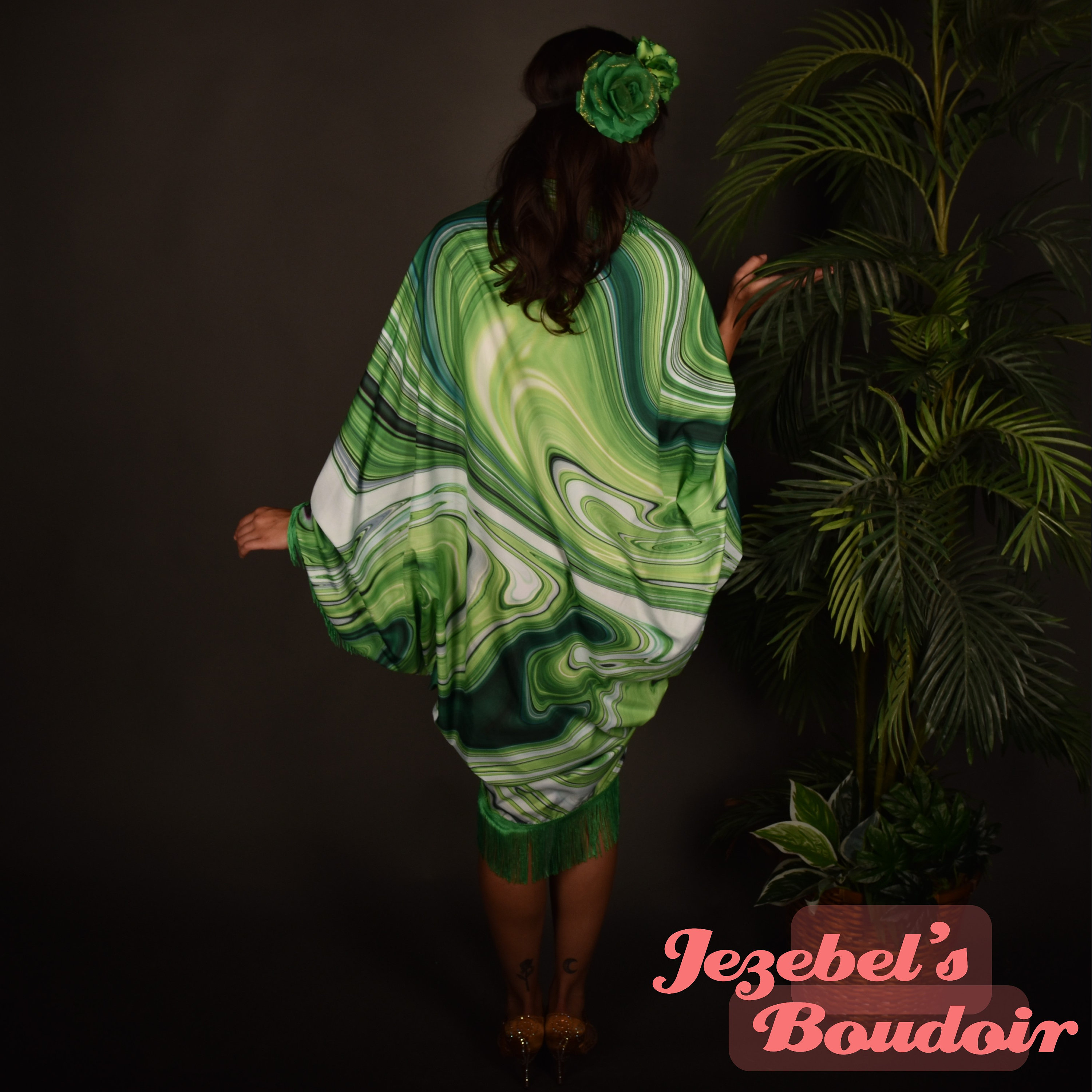 Art Nouveau Bat Wing Wrap Green Marble Trippy Fringe Kimono | Etsy