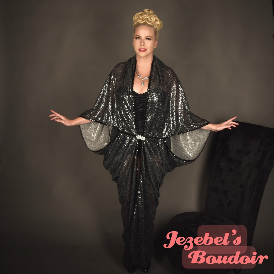 Sequin Art Deco Bat Wing Gown Cocoon Dressing Robe Black Gothic 1920s ...