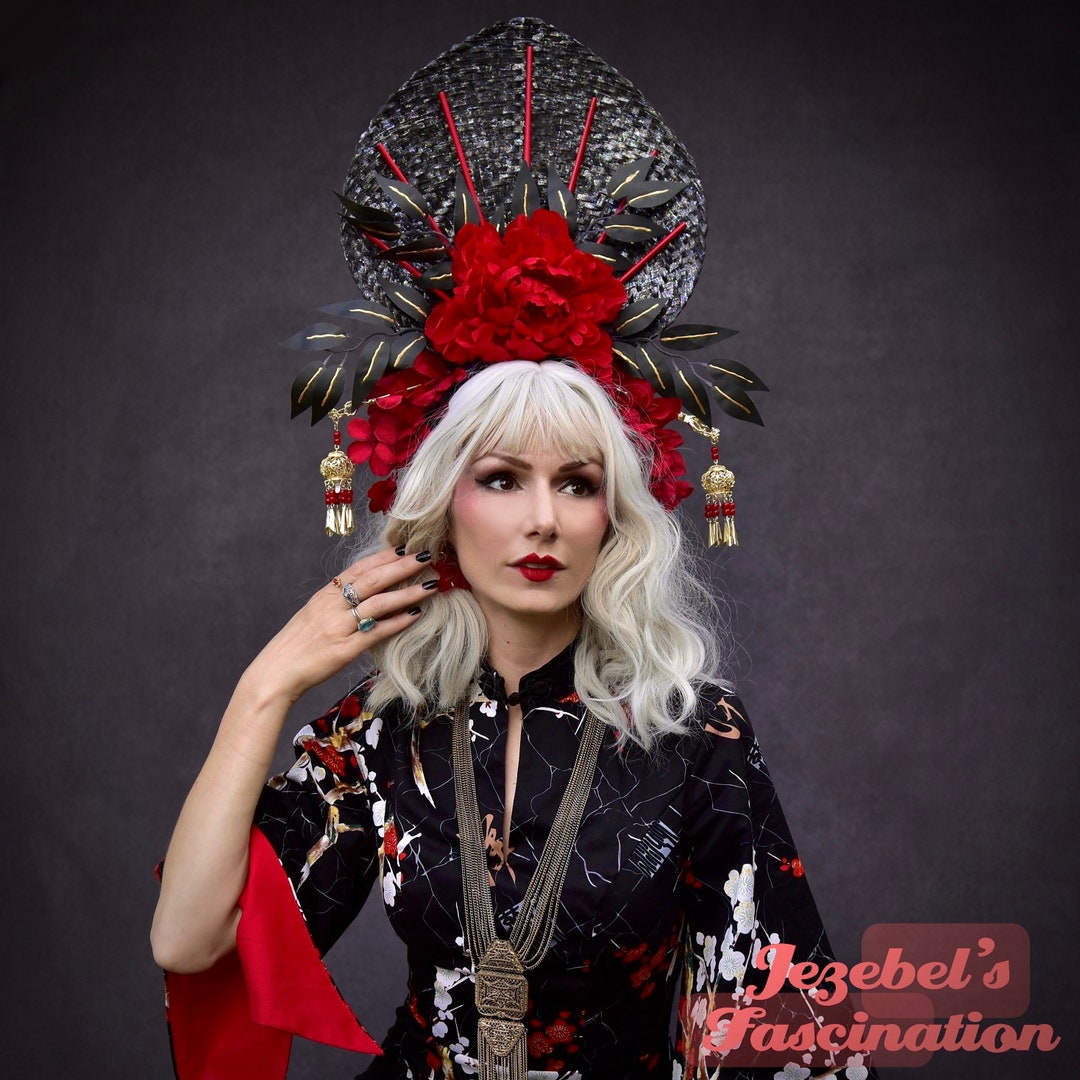 Golden Chinese Lantern Tiki Tropical Straw Fan Headpiece, Glam Luxe ...