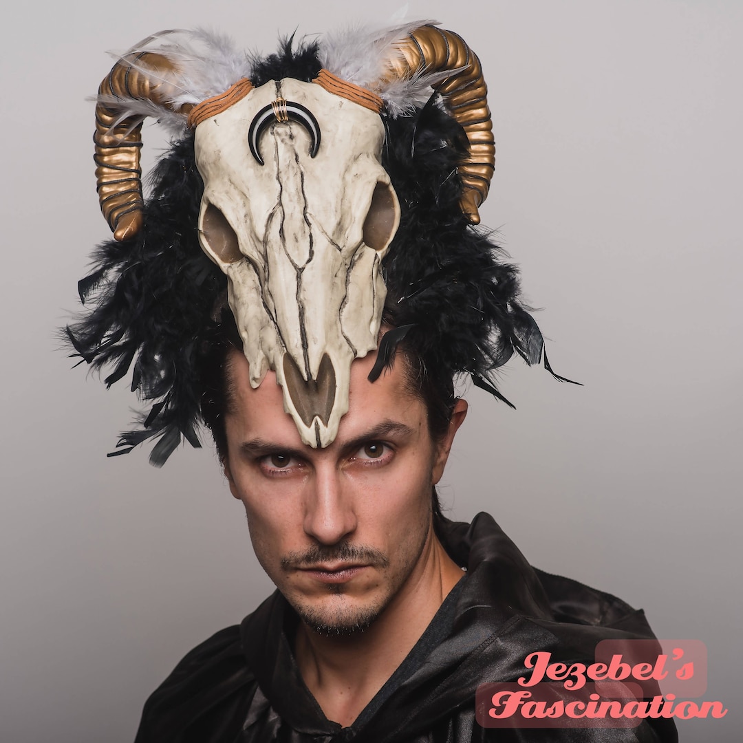 Goat Skull Voodoo Black Headpiece, Gold Horns WGT Witch Doctor ...