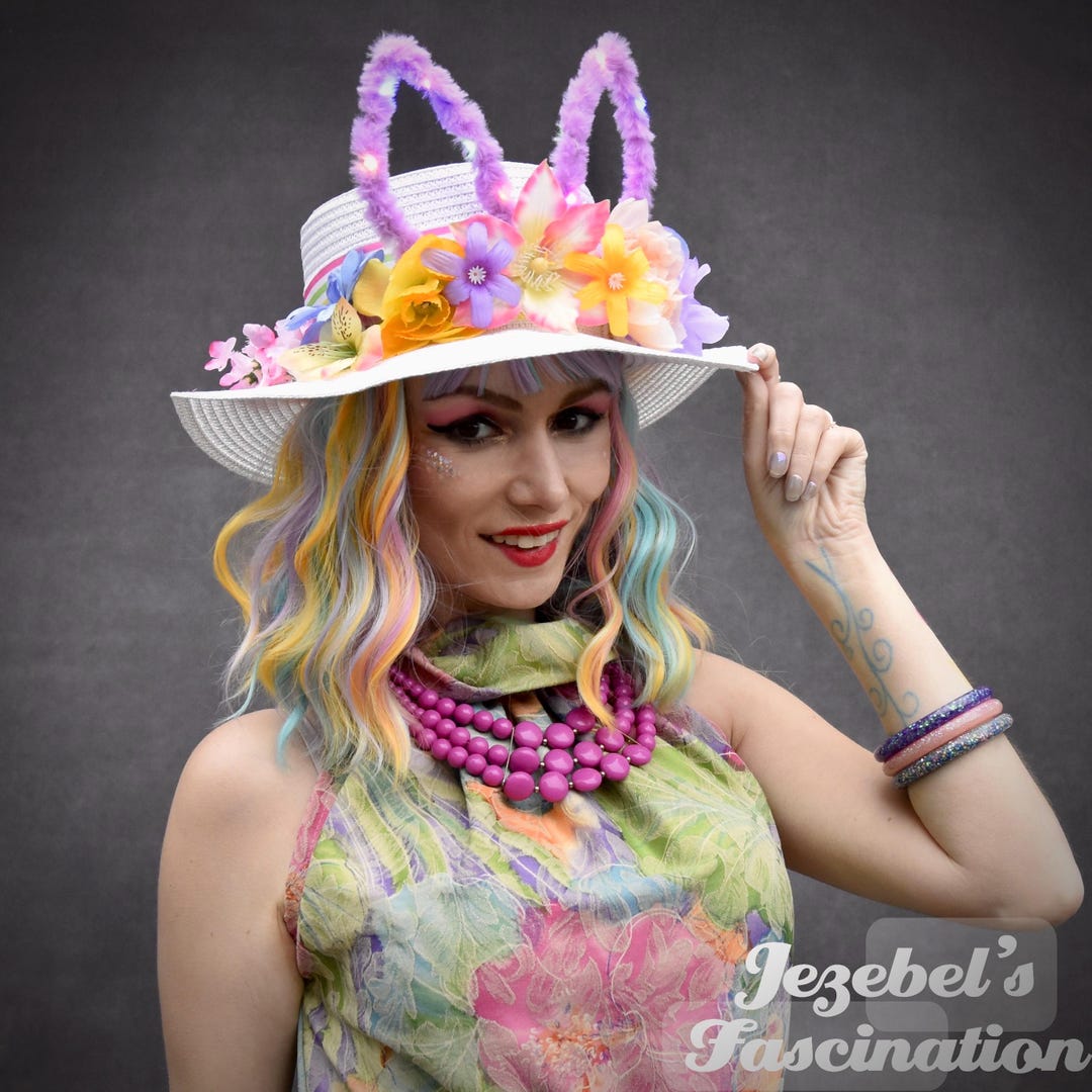 Easter Bunny Ears Hat, Light up Rabbit Straw Funny Headpiece, Hand Made ...