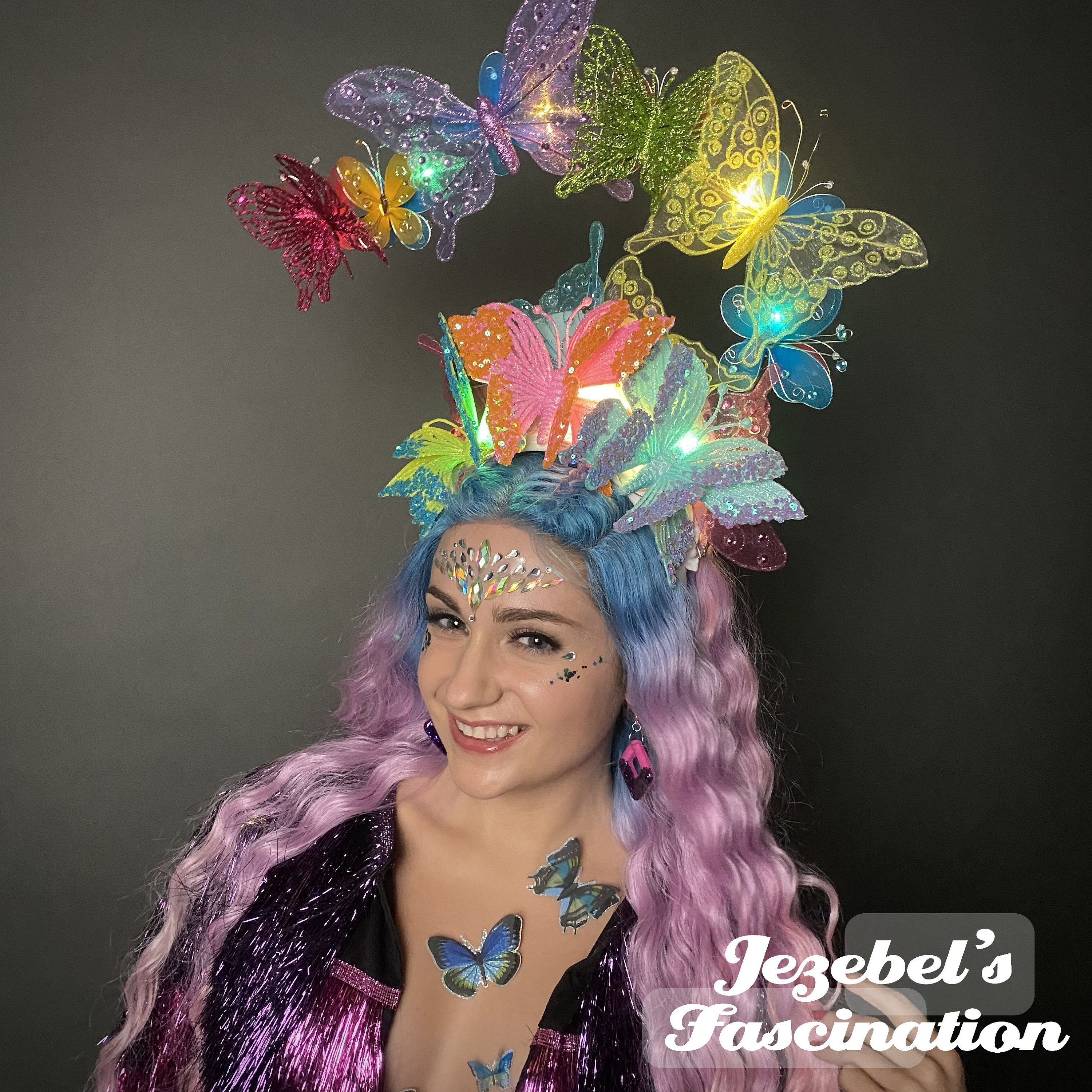 Rainbow Rave Light up Butterfly Headdress, EDC Neon Drag Queen Burning ...