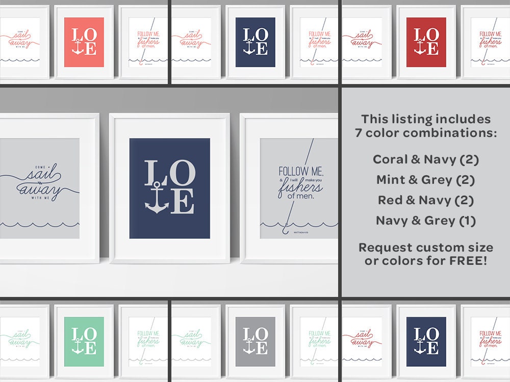 Navy Nursery Art, Anchor Prints, Navy Nautical, Navy and Red, Nautical ...