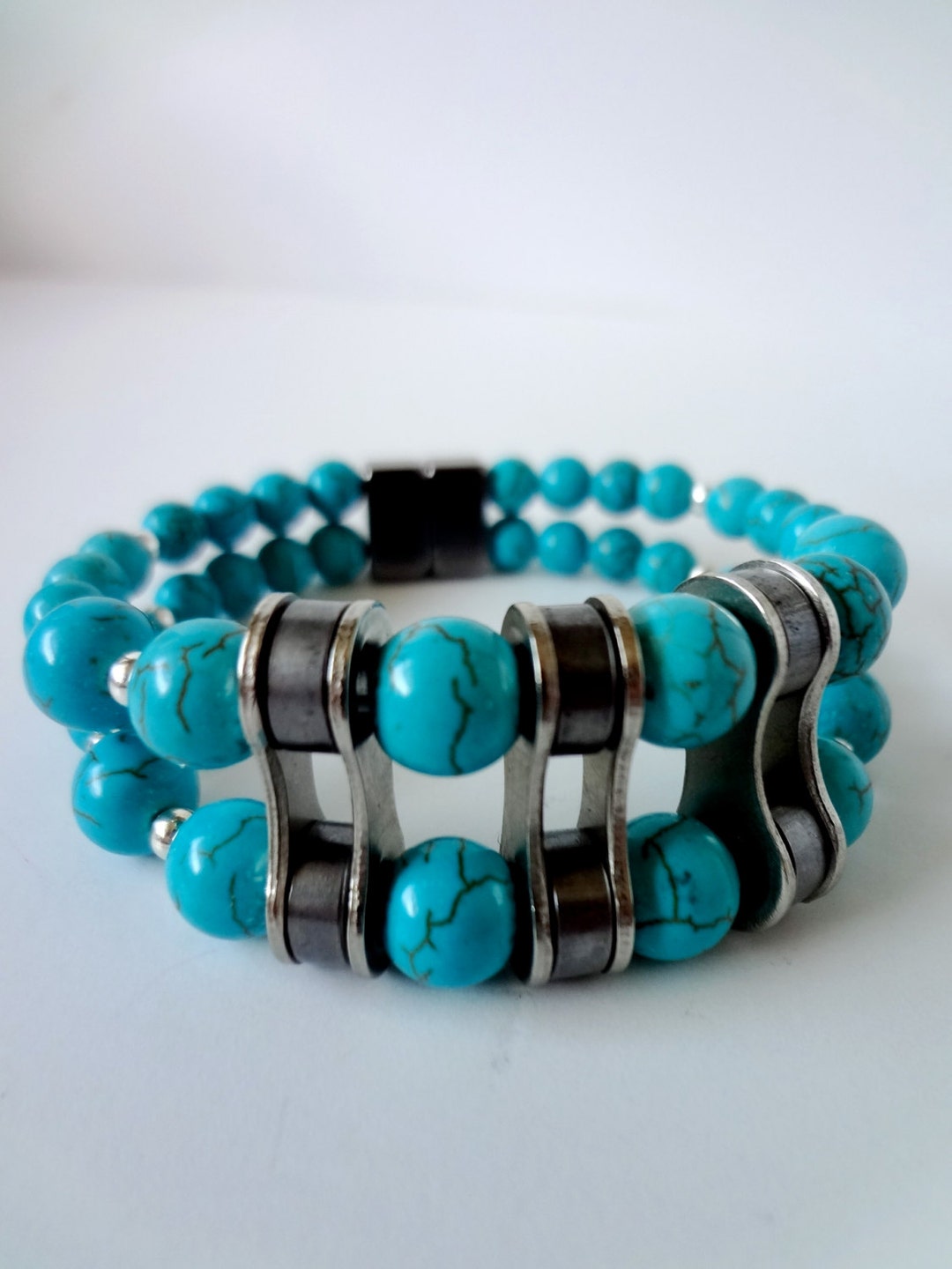 Turquoise Howlite & Recycled Bike Chain Bracelet: Magnetic Clasp - Etsy
