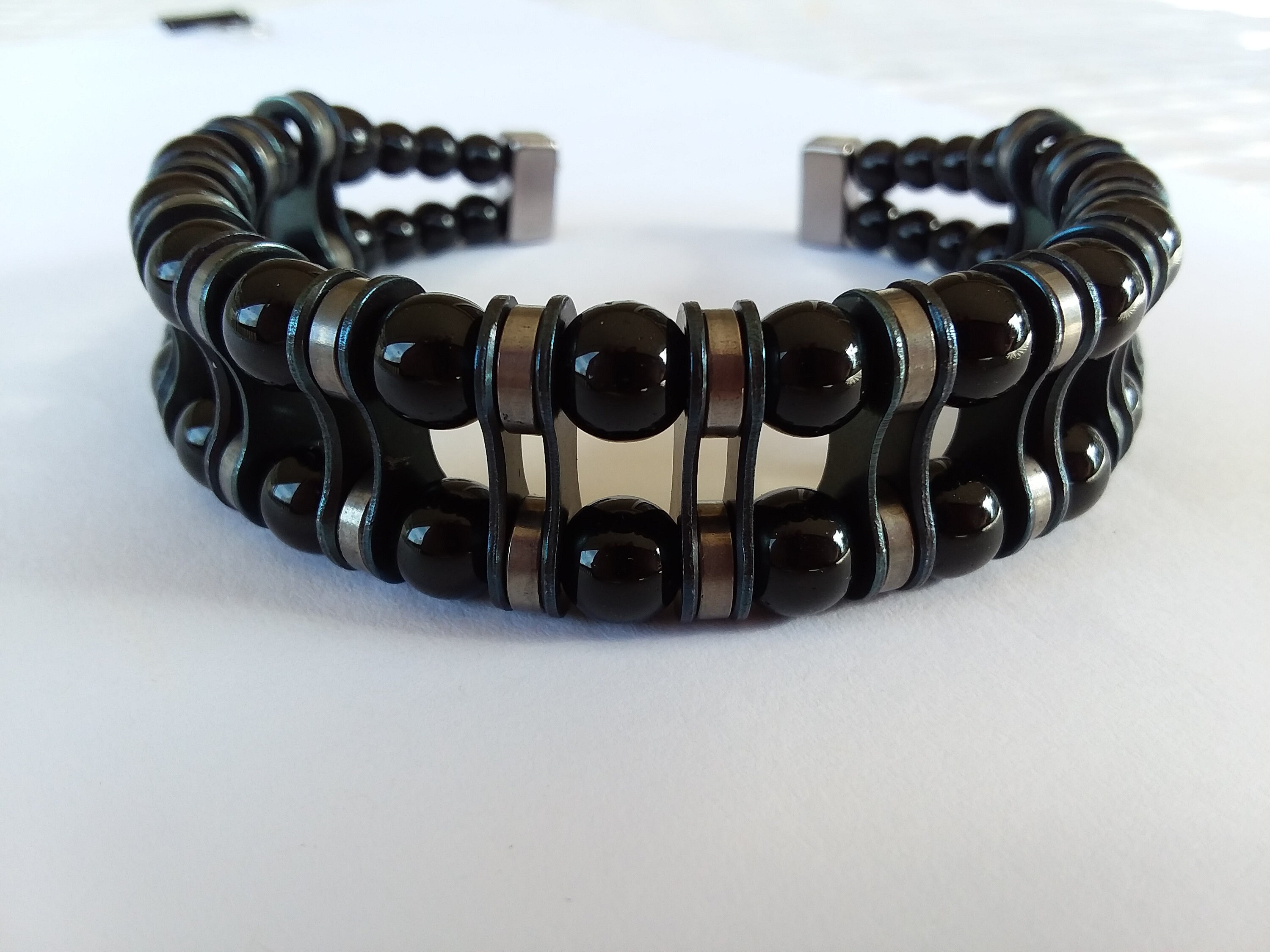 Black Beaded Double Strand Bicycle Chain Link Bracelet, Bicycle Jewelry ...