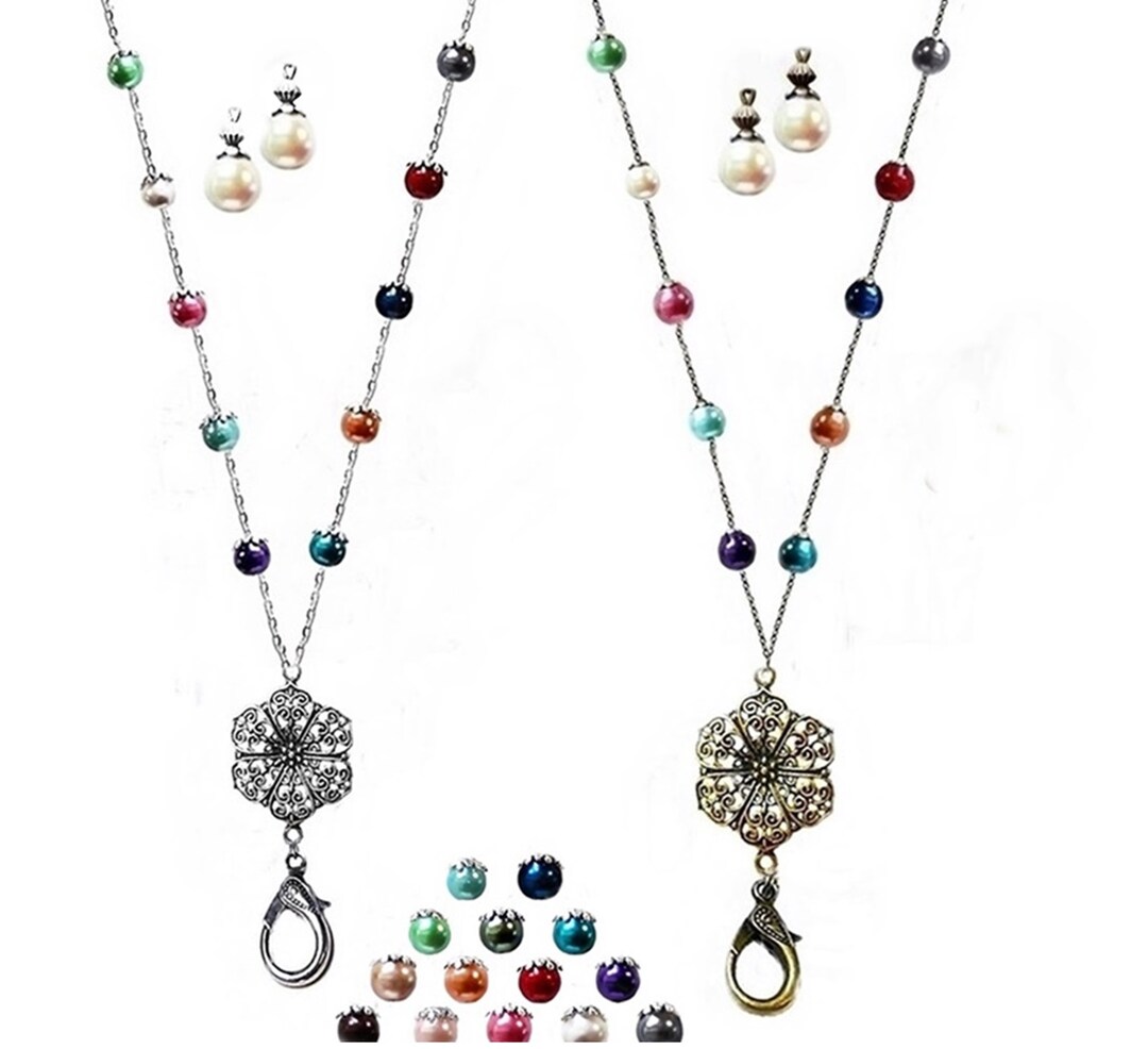 Beaded Lanyard Chain Necklace, Work ID Security Badge Holder, Silver or ...