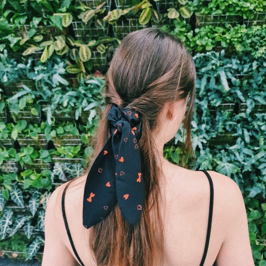Bow Scrunchie. Tail Scarf. Hearts Print. Hair Accessory. Recycled ...