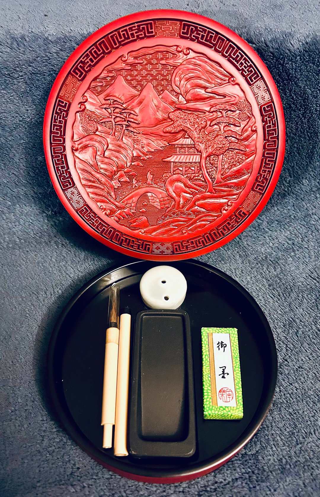 Estate Vintage Calligraphy Set Sutra Ink Stone Suzuri Water Dropper Sumi Grinder Shodo Shuii ...