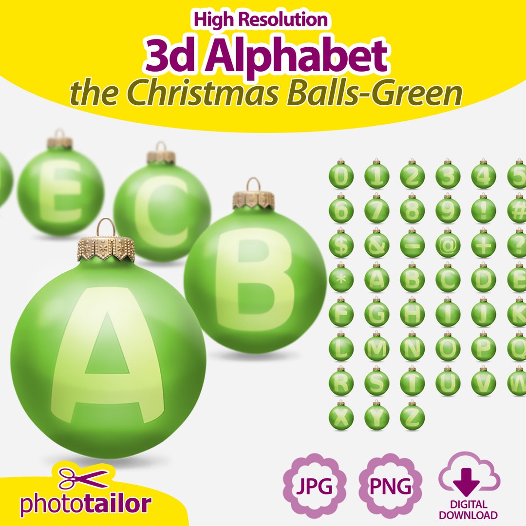 3d Christmas Alphabet Clipart, Xmas Balls GREEN, High Resolution 45 ...