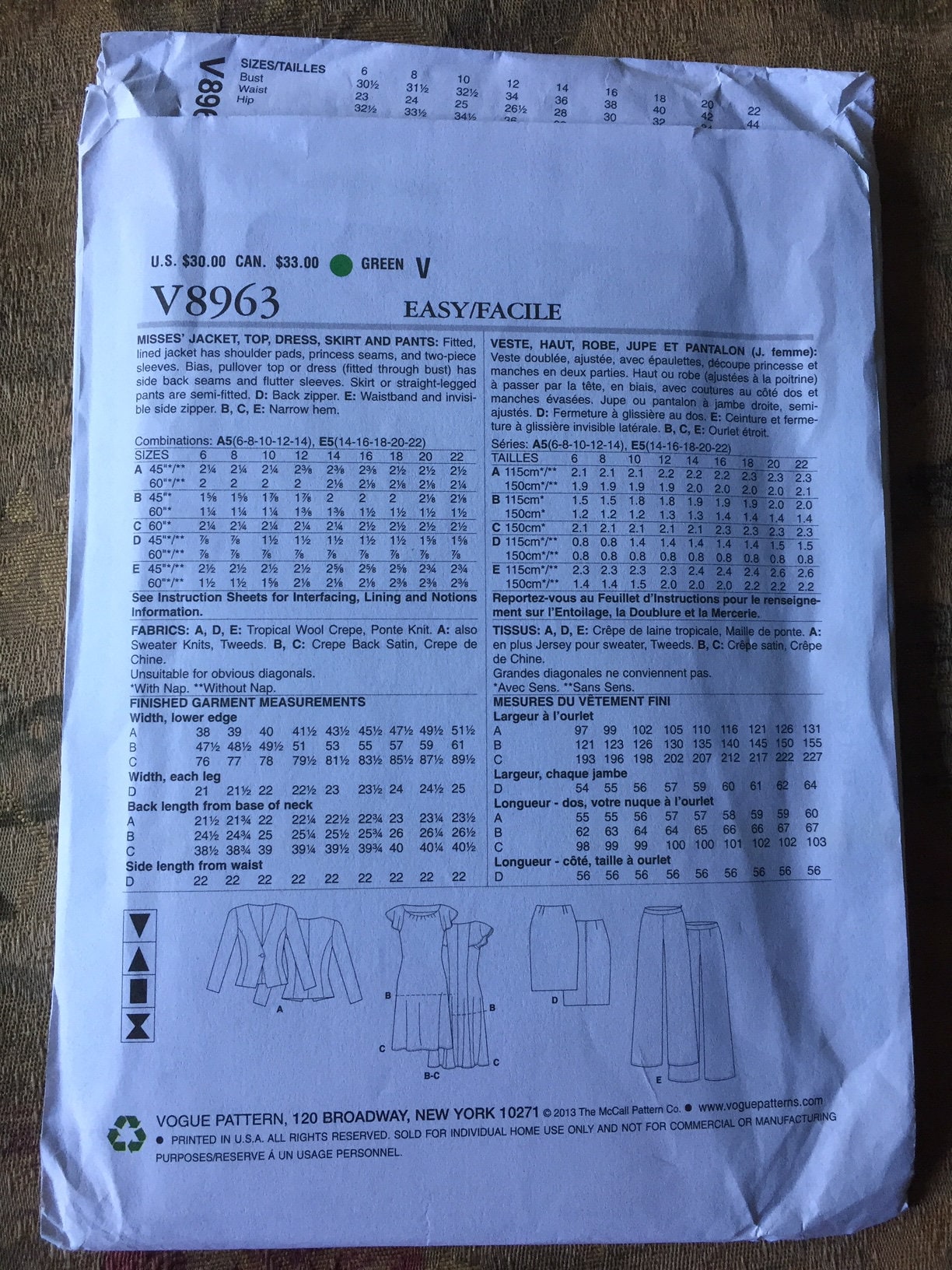 Vogue 8963 Sewing Pattern Wardrobe Selection Sizes 6 8 10 - Etsy