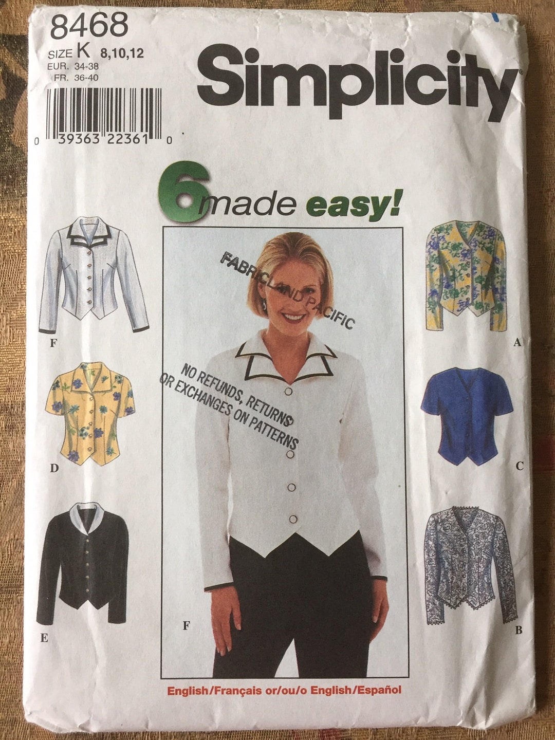 Simplicity 8468, Sewing Pattern, Ladies Top, Shirt, Blouse, Size 8 10 ...