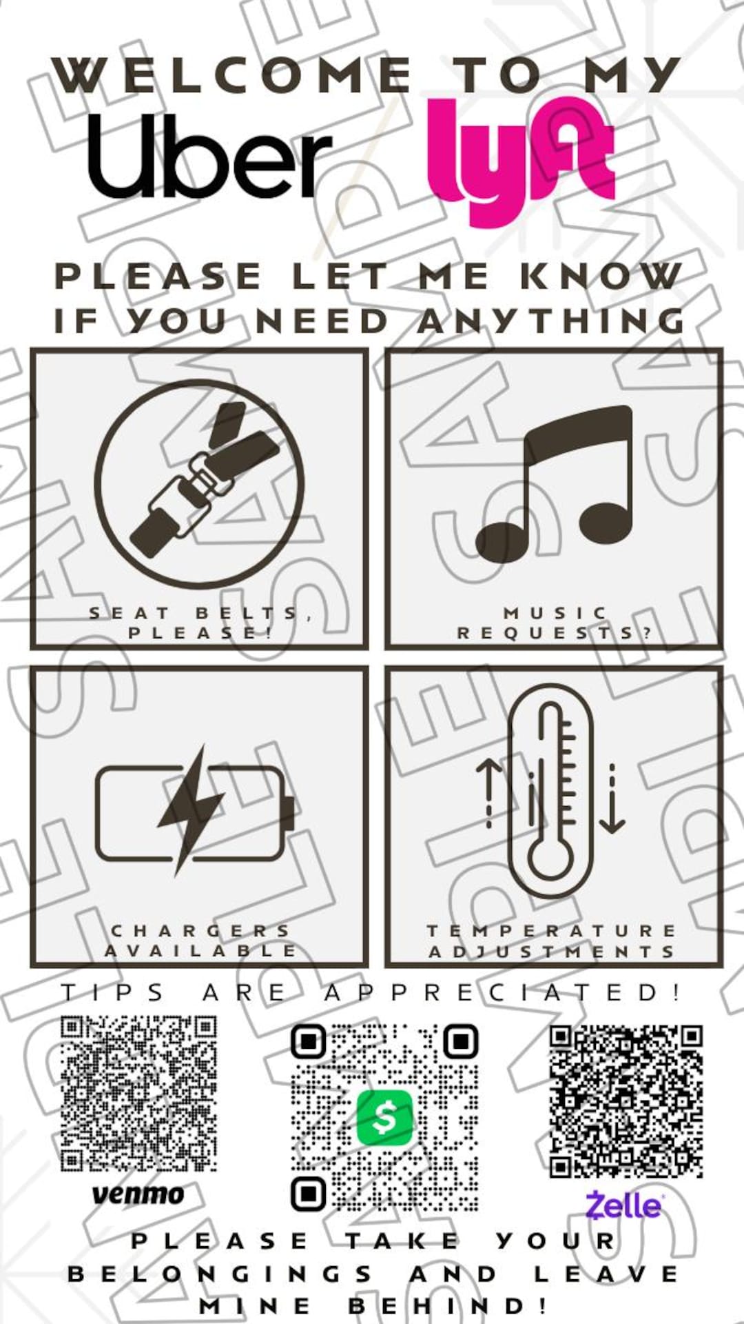 Uber Lyft Taxi Rideshare Tip Sign Printable | Editable Sign | Uber Tip ...