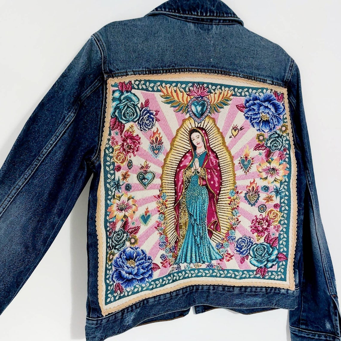 Reworked Denim Jacket Lady of Guadalupe Sacred Heart Denim - Etsy