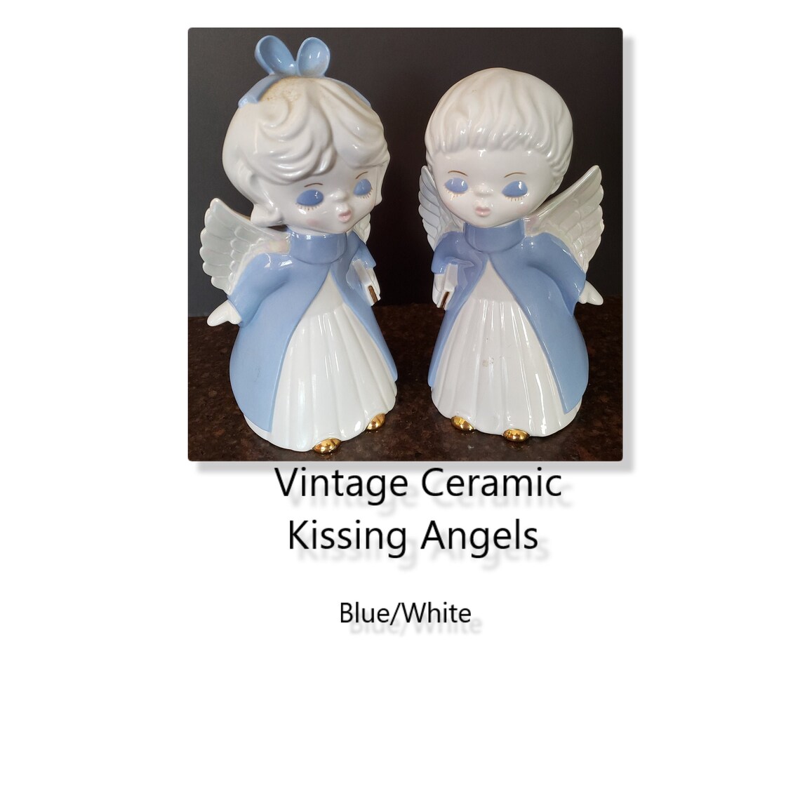 Pair of Vintage Ceramic Kissing Angels Figurines White & Blue - Etsy