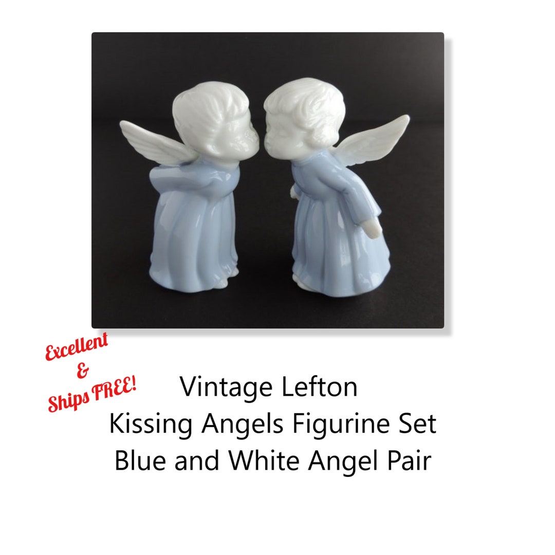 Vintage Lefton Kissing Angels Figurine Set #00402 (1994) Blue and White ...