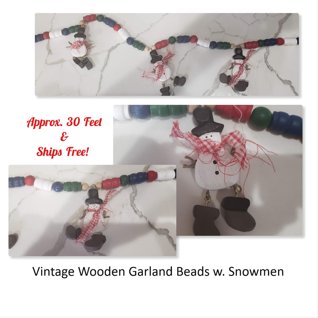 Vintage Wooden Snowmen Garland - 5 Strands - 30 Feet - Twine - Beads ...