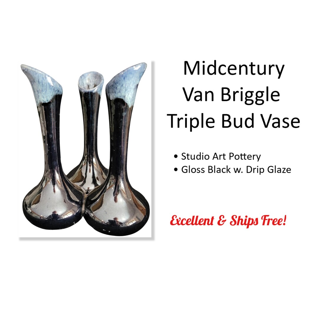 Midcentury Studio Art Pottery Triple Bud Vase by Van Briggle * Black ...
