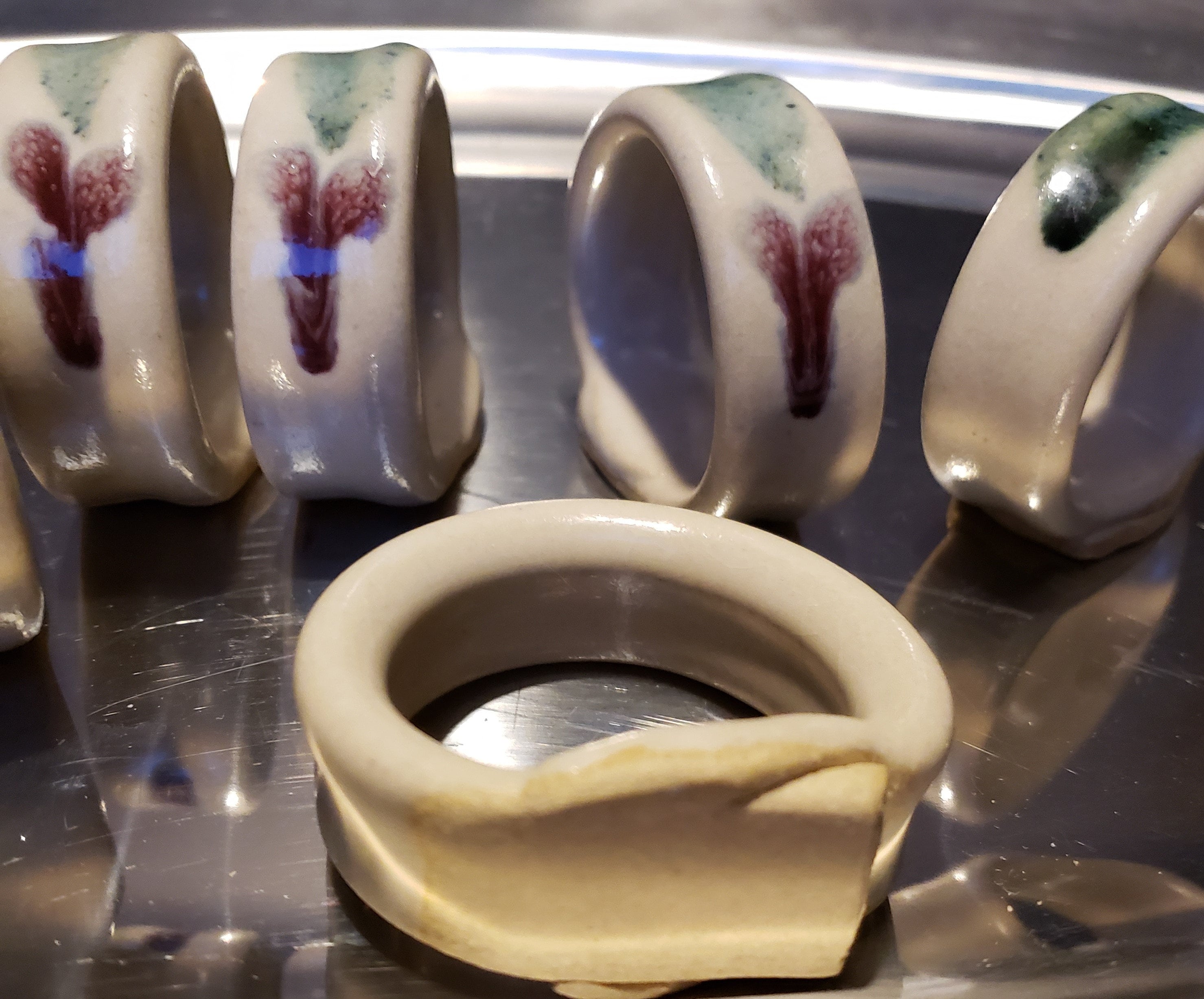 Set of Six Pottery Napkin Rings Holders off White W. Green & | Etsy