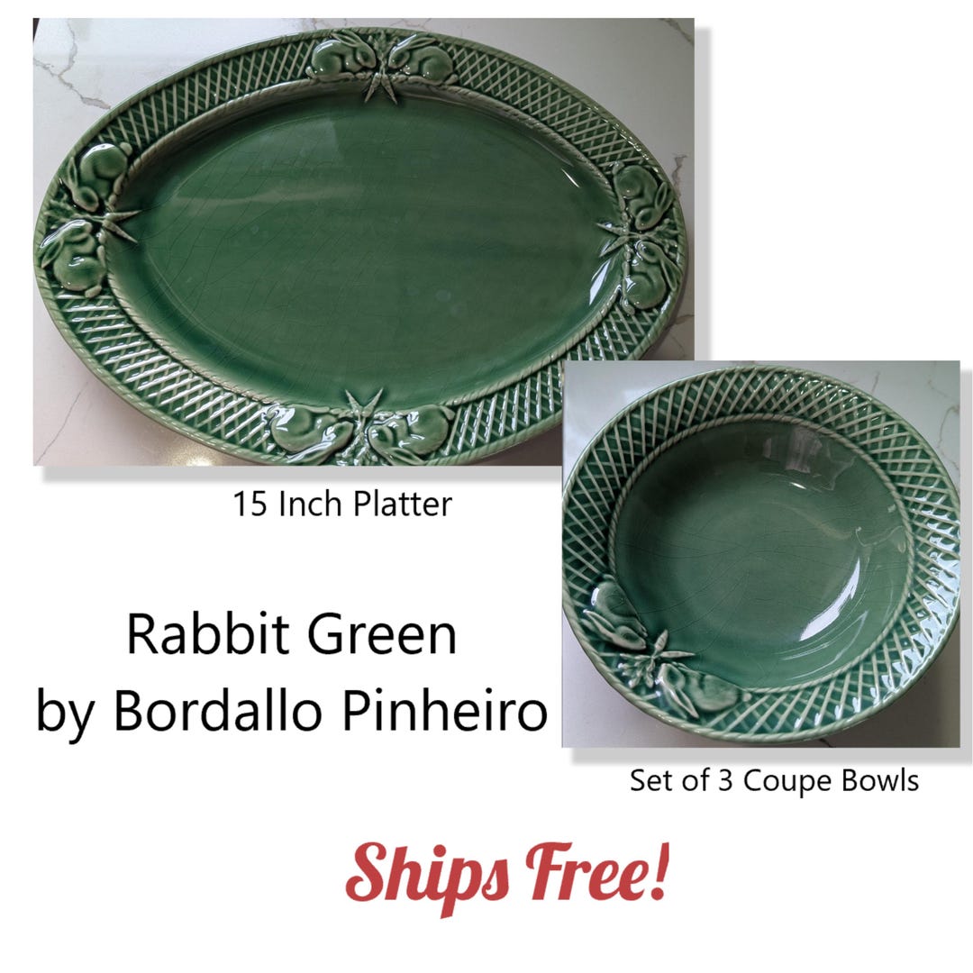 Bordallo Pinheiro Rabbit Green * Set 3 Coupe Bowls * 15 Inch Platter ...
