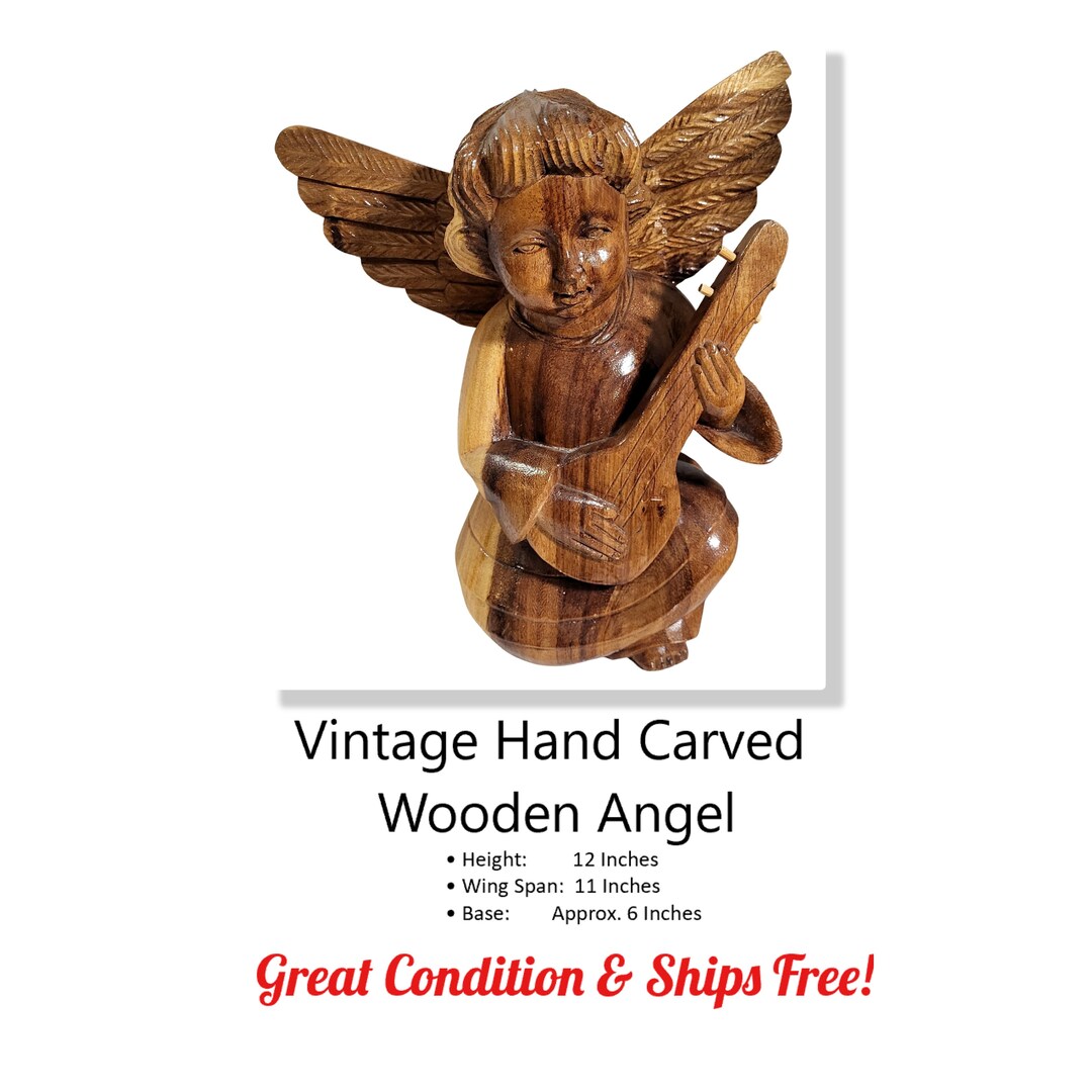 Large Hand-carved Wood Angel Playing Mandolin - BEAUTIFUL - Ships Free ...