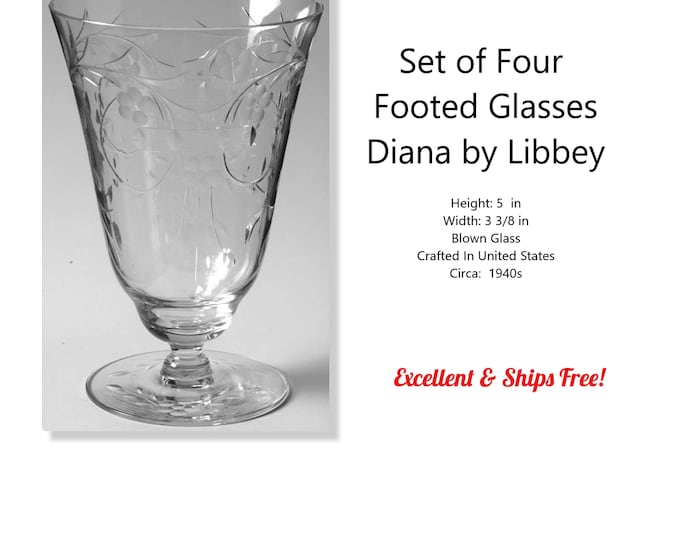 Set of Four Footed Water Crystal Glasses * Diana by LIBBEY GLASS ...