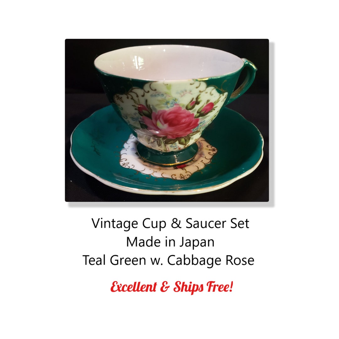 Vintage Cabbage Rose Footed Teacup Set * Teal Green * EX - Ships Free ...