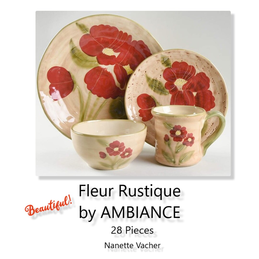 21 Pcs. Fleur Rustique Red Poppy Dinnerware * Dinner * Salad * Plates ...