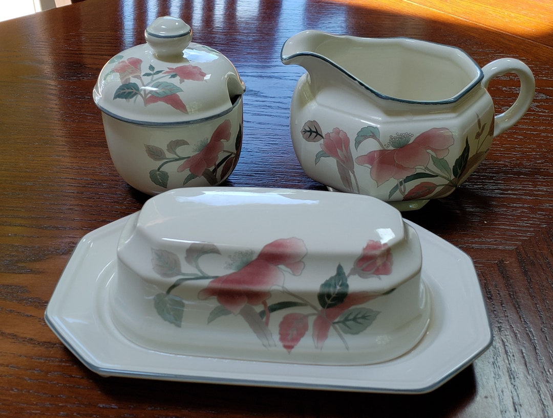 Mikasa Silk Flowers Set Butter - Cream- Sugar Set- Pink Flower - Teal ...