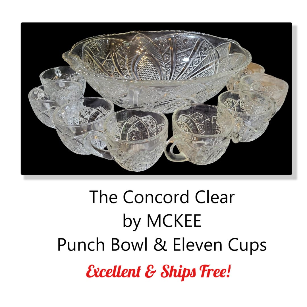 12 Pcs. Clear Punch Bowl Set * the Clear by Mckee * 12 Cups * 1 Bowl ...
