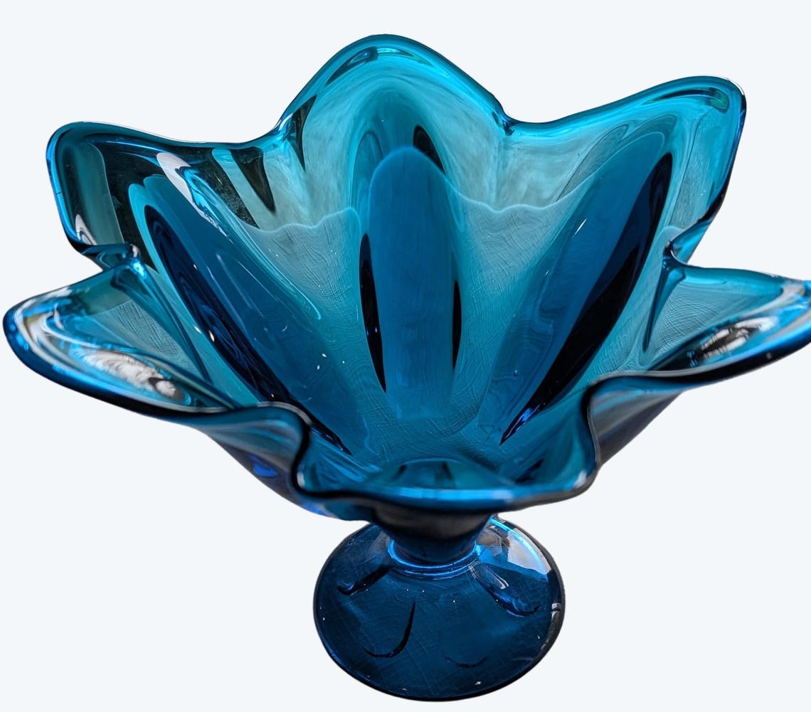 Vintage Cobalt Blue Art Glass Compote Bowl – Flared Petal Rim, Pedestal ...