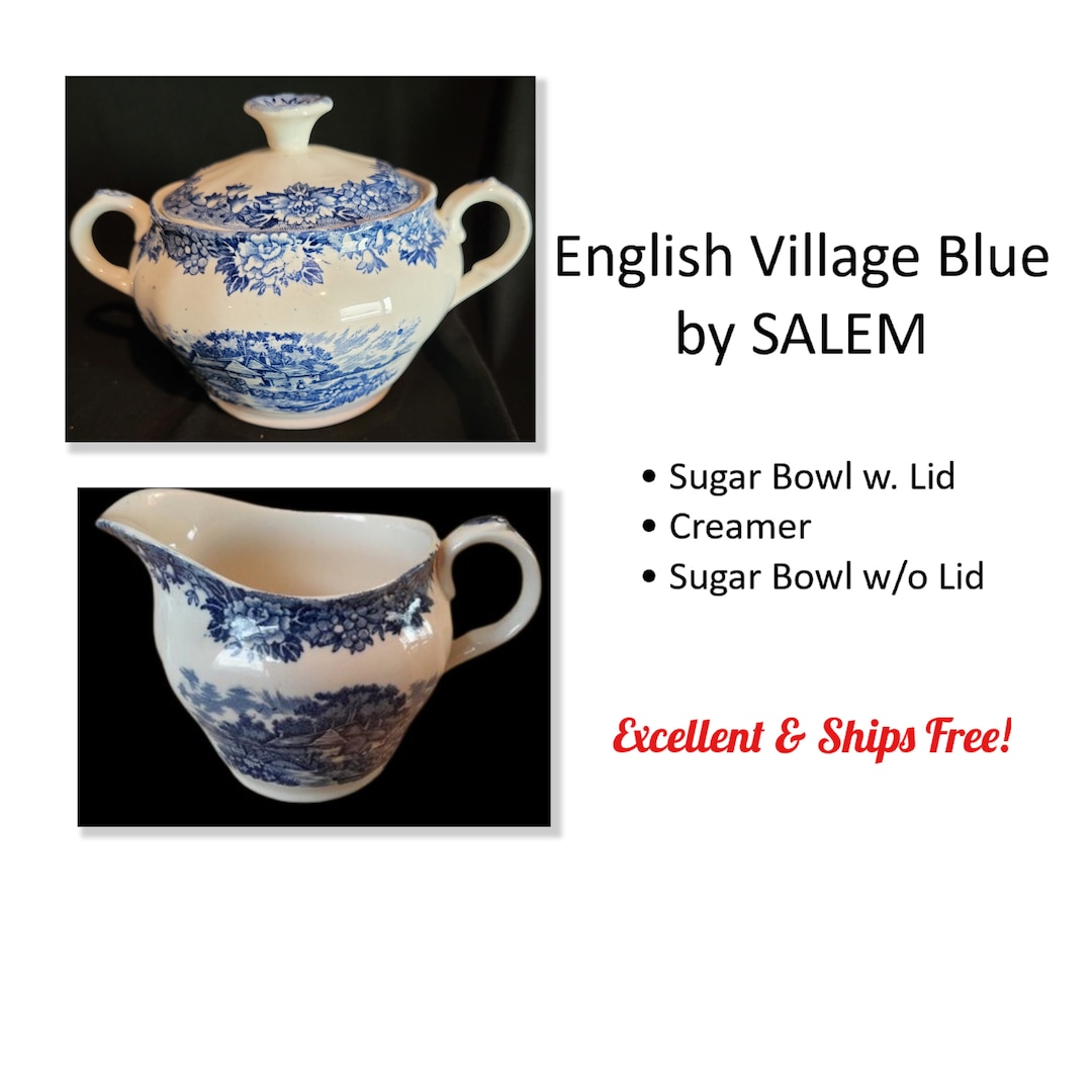 English Village Blue by Salem * Sugar W. Lid * Creamer * Sugar Bowl W/o ...