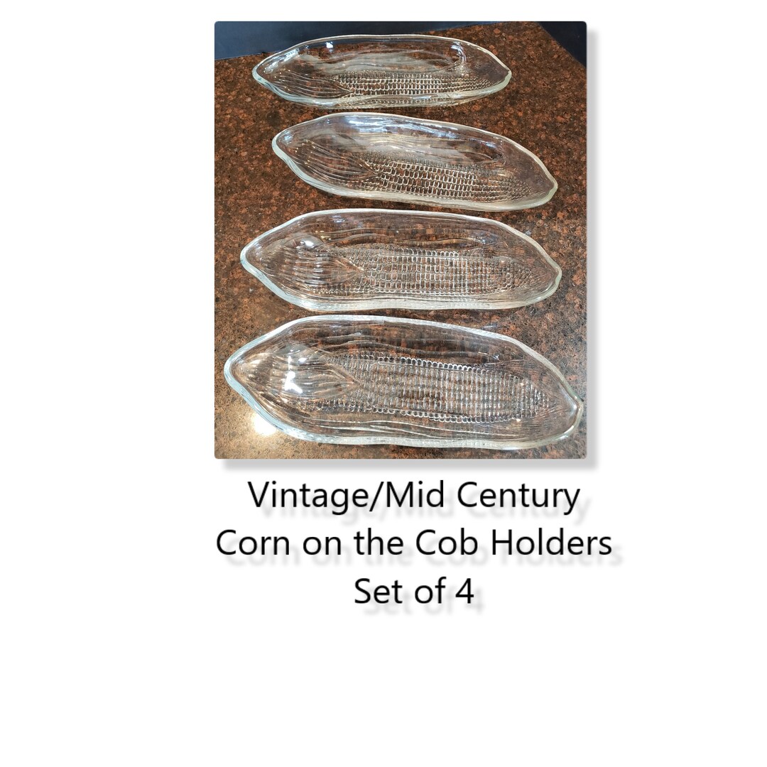Vintage Mid Century Clear Glass Corn on the Cob Holders Plates - Set of ...