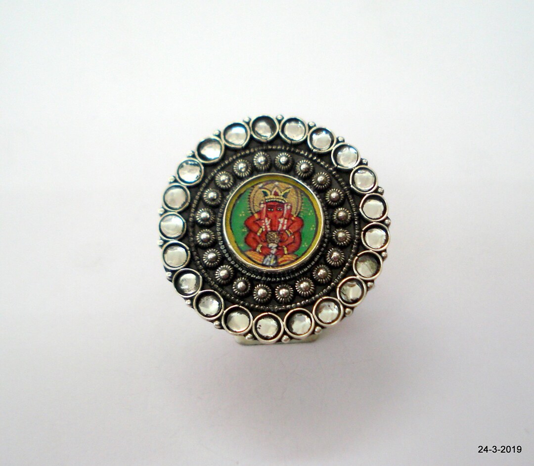 Ethnic Sterling Silver Ring Cocktail Ring Hindu God Ganesha Painting ...