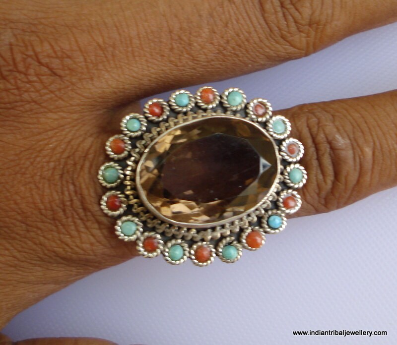 Vintage ethnic sterling silver cocktail ring smoki crystal | Etsy