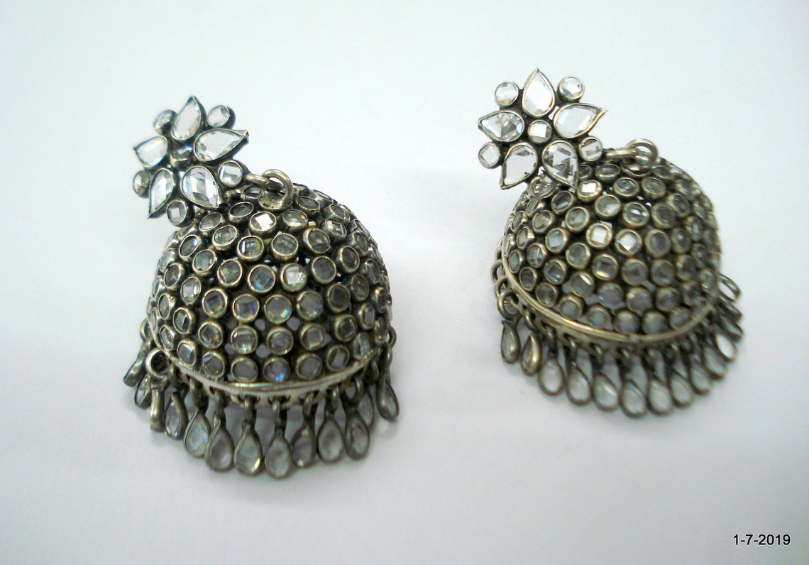 Traditional Design Sterling Silver Earrings Jhumka Earrings Glass Stone ...