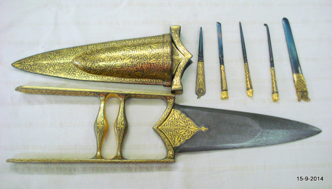 Damascus Steel Blade Katar Knife Dagger Gold Work Tools Handmade - Etsy