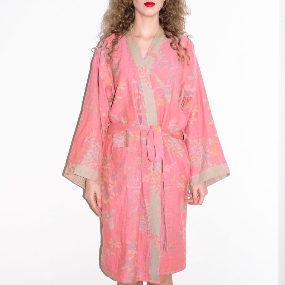 Pink Cotton Kimono Robe Dressing Gown, Geisha Robe, Japanese Print ...