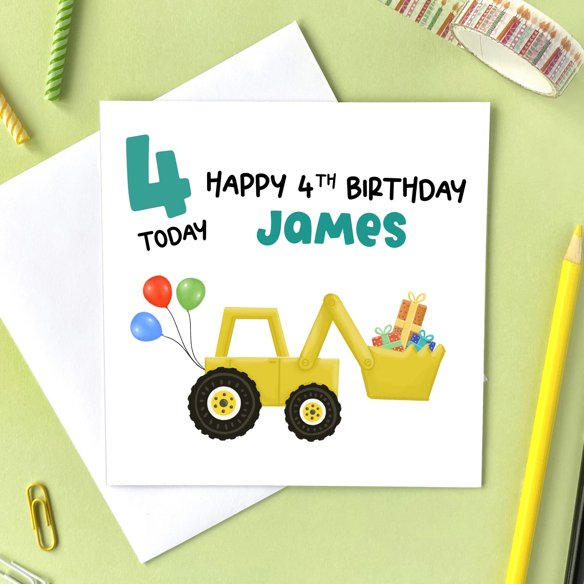 Personalised Digger 4th Birthday Card For Boy Son | Etsy