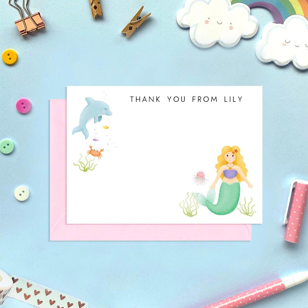 Personalised Mermaid Thank You Notecards | Pack of 8 | Girls Thankyou ...