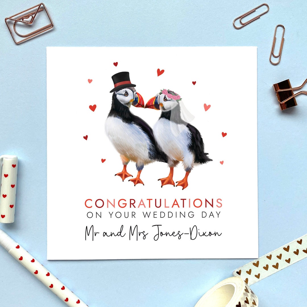 Personalised Puffins Mr & Mrs Wedding Card | Just Married ...