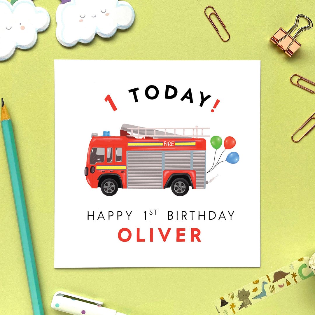 Fire Engine 1st Birthday Card for Boy, Personalised Custom 1 Today Card ...