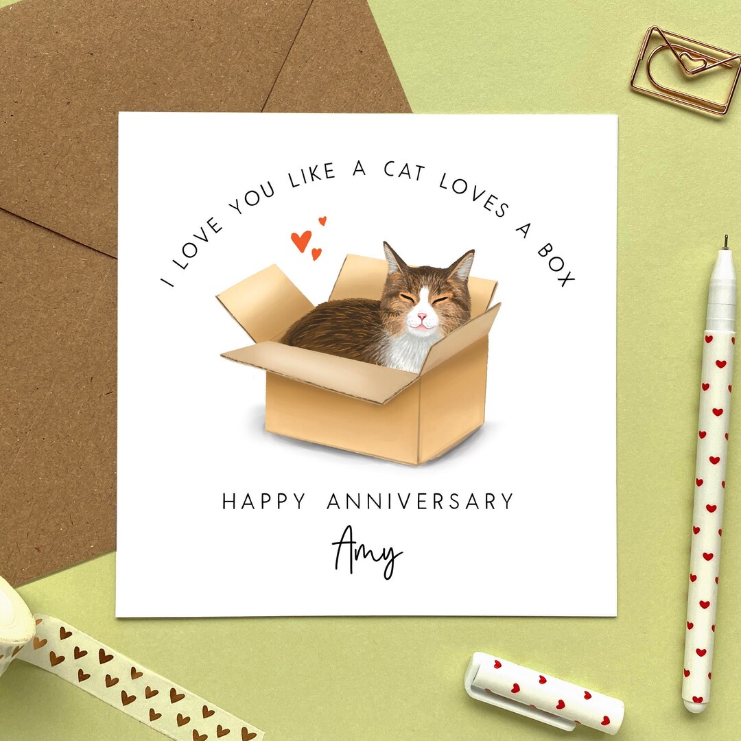 Personalised Tabby Cat in a Box Anniversary Card | for Husband, Wife ...